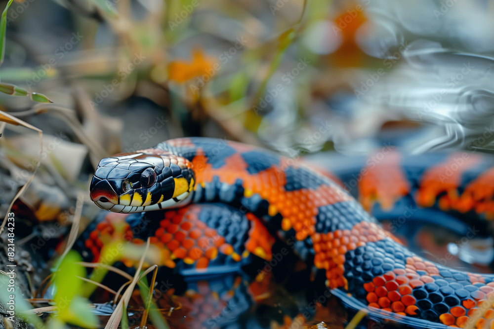 Dangerous coral snake on the bank of a river, hidden among leaves and ...