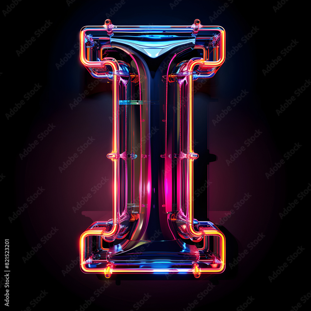 The letter I is made of neon lights and is glowing in the dark. It is a ...
