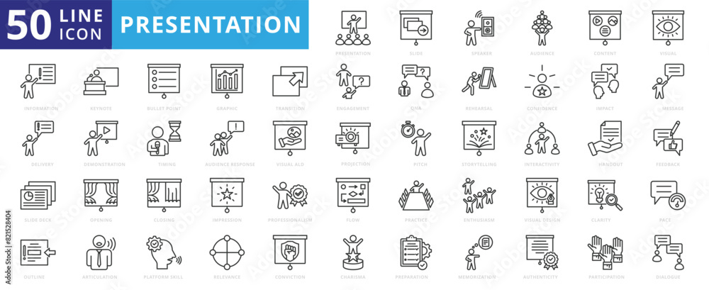 Presentation icon set with slide, speaker, audience, content, visual ...
