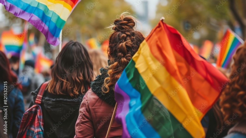 People march in a pride parade, carrying rainbow flags in celebration ...