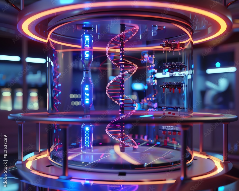 Futuristic DNA helix model in a high-tech laboratory illuminated with ...