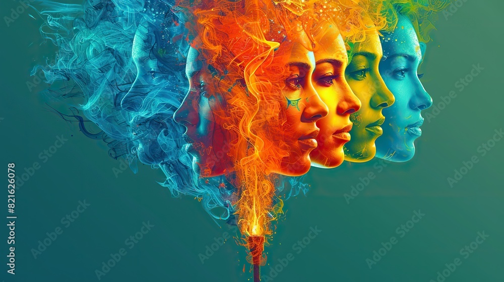 An illustration of a torch with flames shaped like diverse faces ...