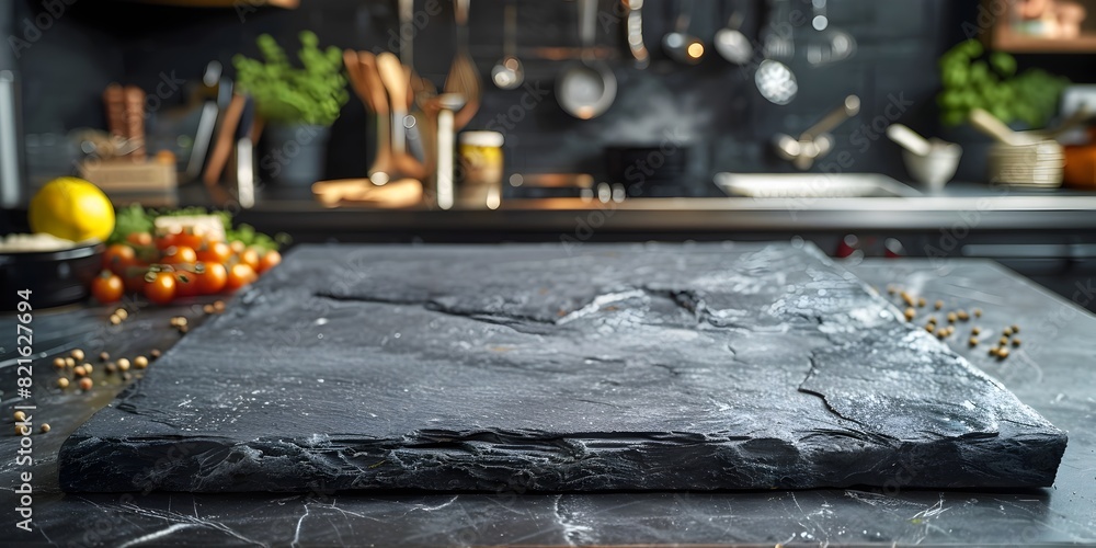 Slate Tabletop in Gourmet Restaurant Kitchen with Chef s Tools and ...
