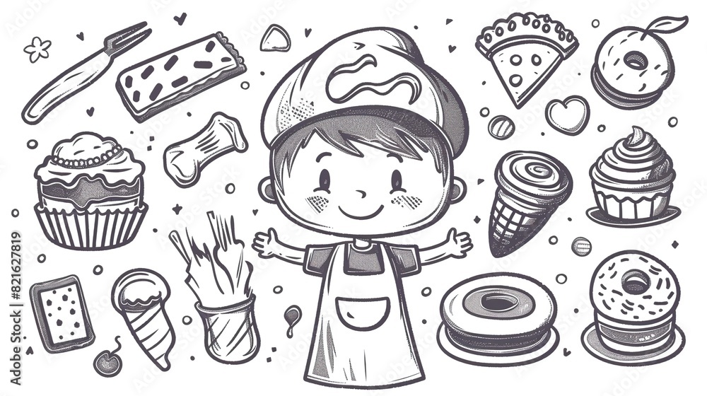 Cartoon doodle element of cute baker boy wearing a chef's hat with ...