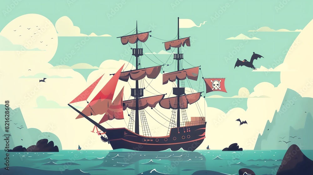 Pirate flat design side view theme high seas adventure animation ...