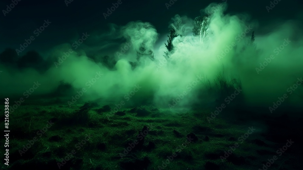 green toxic smoke in green grass field background dark with stink mist ...