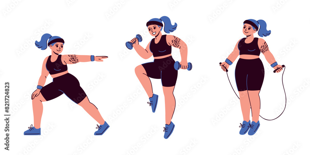 Flat vector illustration set of young women with tattoo doing physical ...