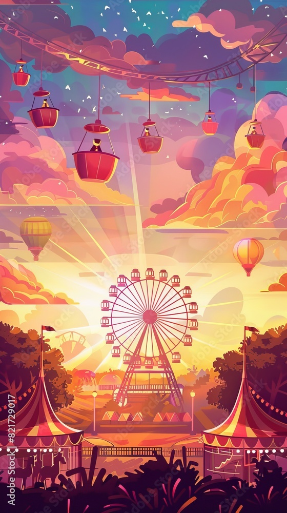 Vector background of amusement park. Poster design invitation of the ...
