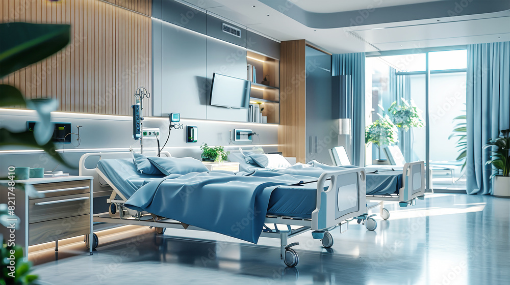 A hospital room featuring two beds neatly made up with crisp linens and ...