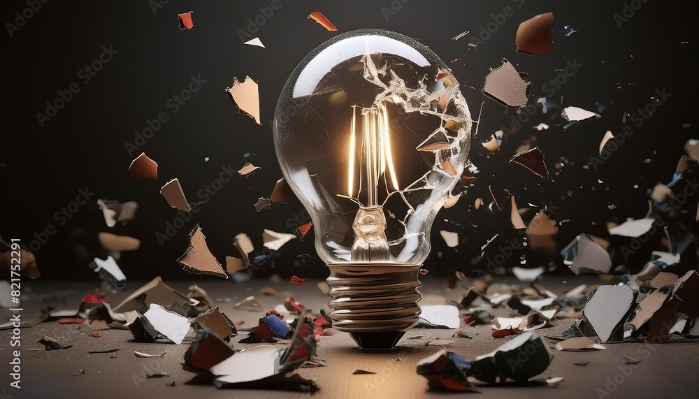a broken light bulb with shards of glass scattered around. depicts the ...