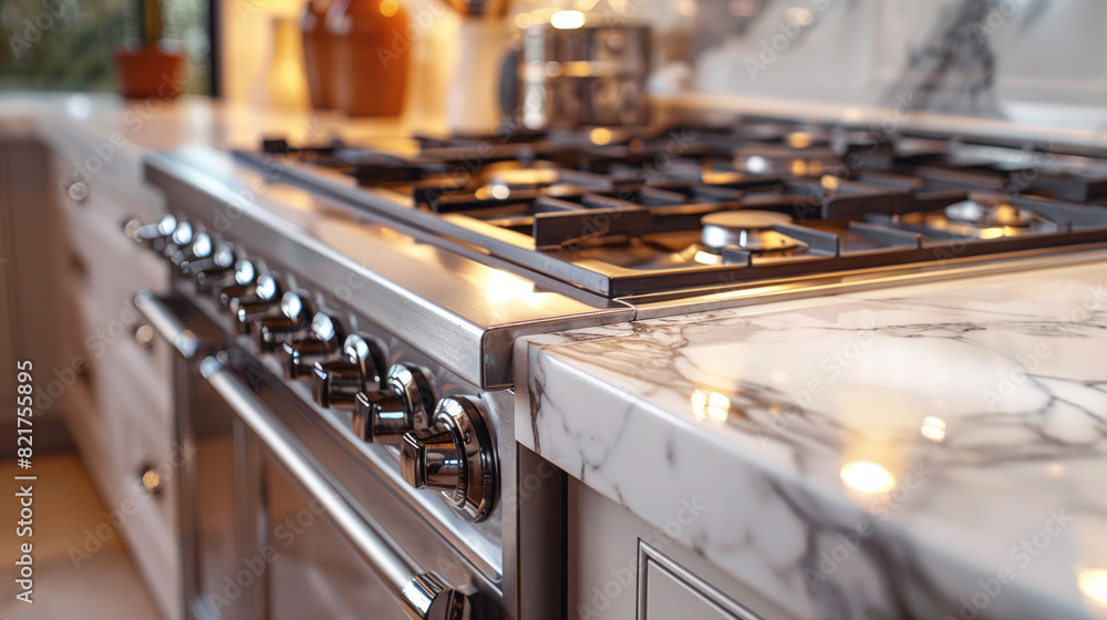 Modern stainless steel stove is installed on a sleek marble counter top ...