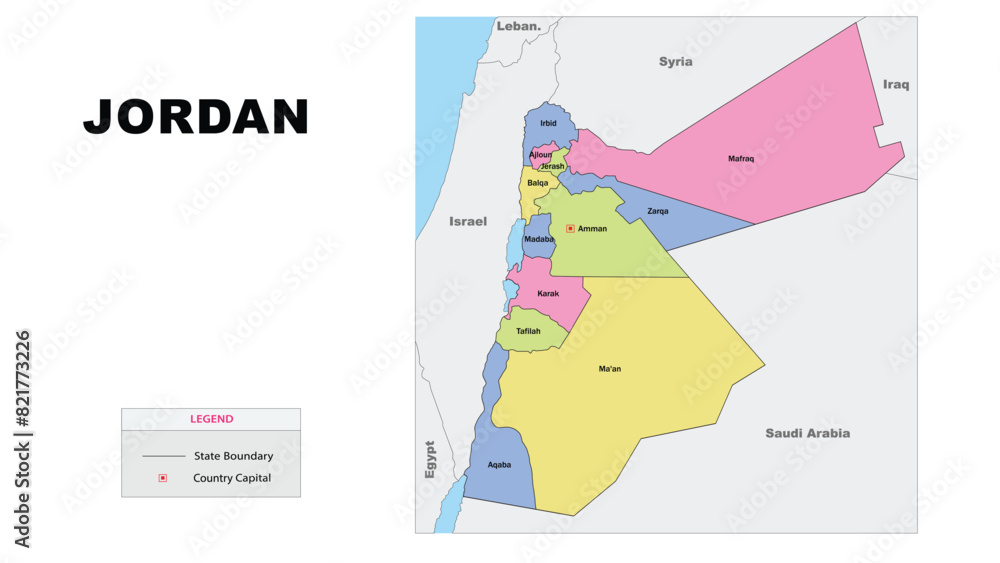 Jordan Map. State and district map of Jordan. Political map of Jordan with country capital ...