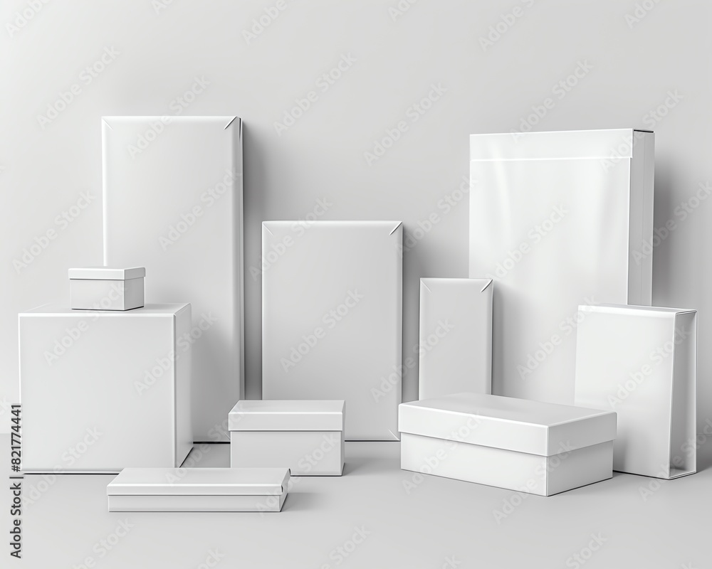 Create a highresolution image of sleek white product packaging boxes ...