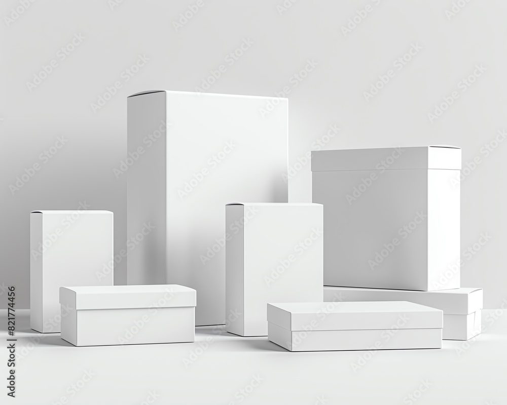 Create a highresolution image of sleek white product packaging boxes ...