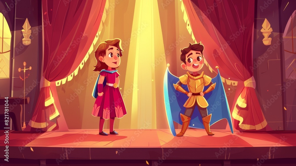 Cartoon illustration of little boy and girl on stage in knight and ...