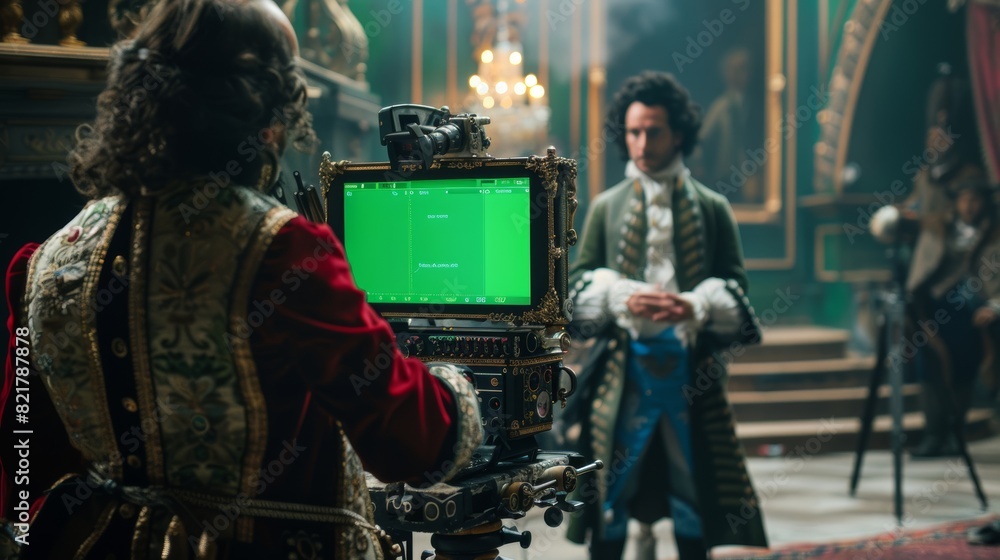 A director examines display controls while filming an upcoming period ...