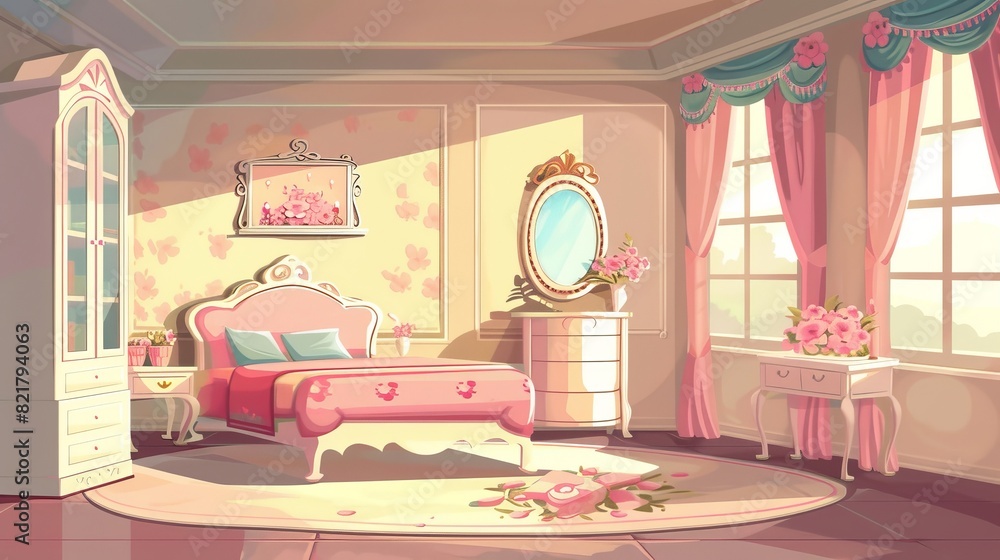 Shabby chic bedroom with bed, wardrobe, and mirror. Modern parallax ...