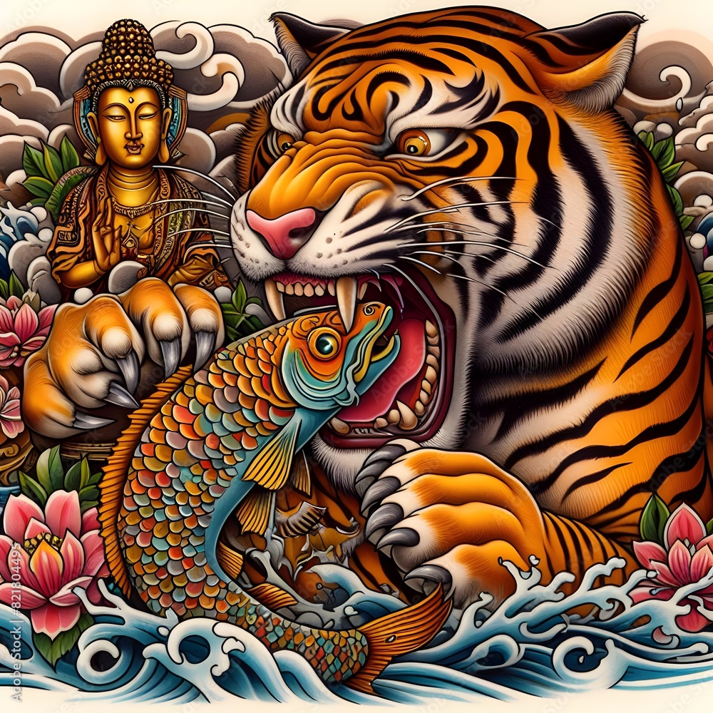 Fancy tiger, Buddha statue, beautiful line drawing Brutal Japanese ...