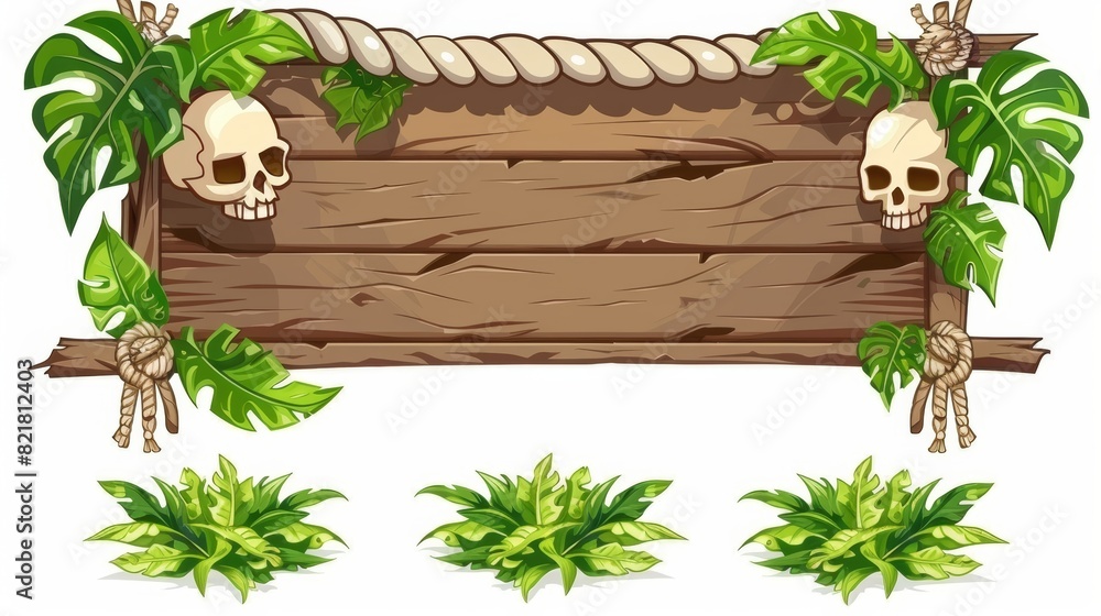 Signpost with wood texture, rope, and jungle plants for game UI design ...