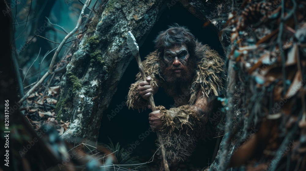 Caveman wearing animal skins and fur with a stone tipped spear prepares ...