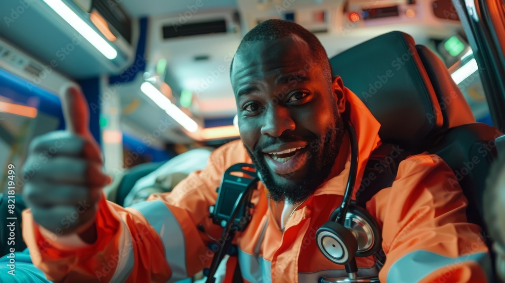 Black African American paramedic gives thumbs up after getting into ...