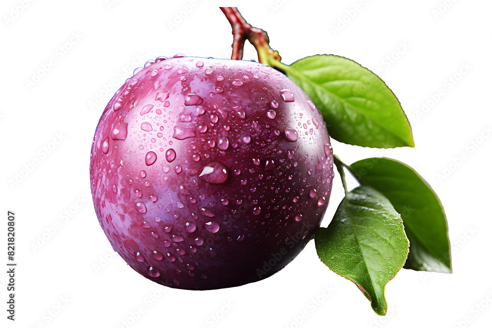 Purple plum or prune with green leaves isolated on cut out PNG or ...