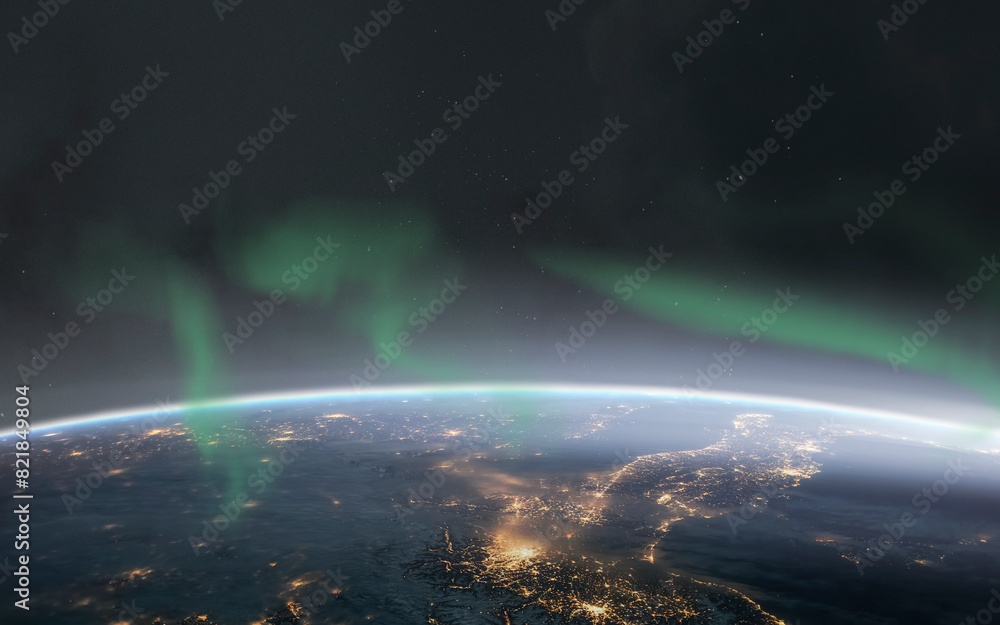 3D illustration of solar geomagnetic storm and northern lights. Aurora ...