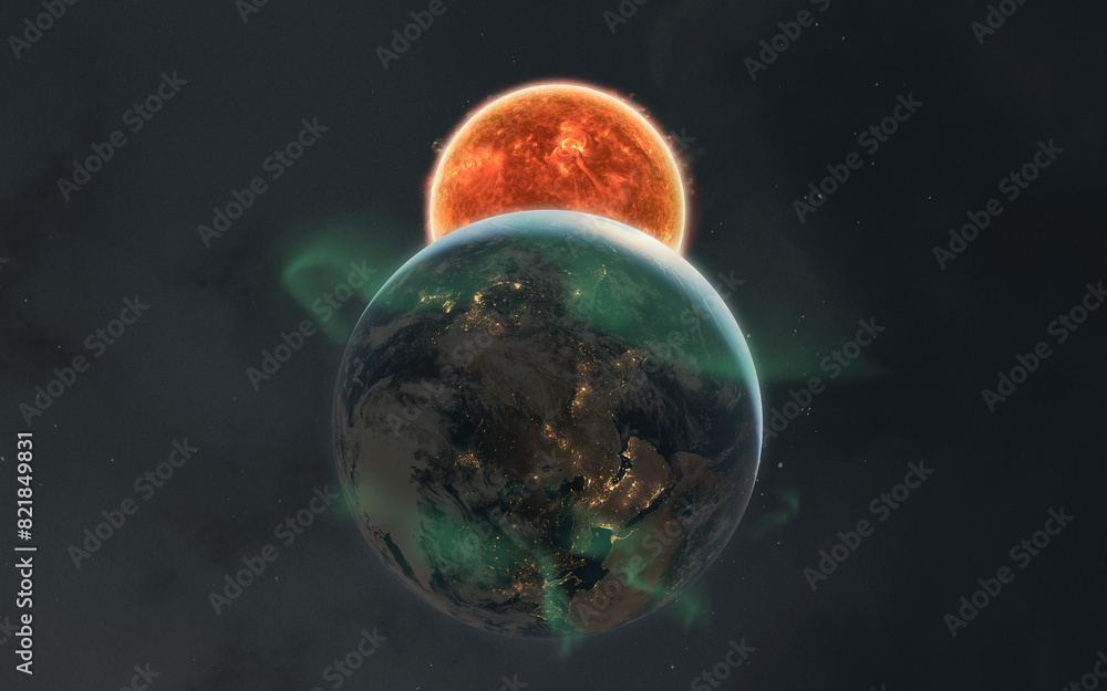 3D illustration of solar geomagnetic storm and northern lights. Aurora ...