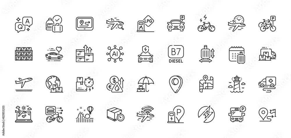 Bicycle parking, Delivery truck and Gps line icons pack. AI, Question ...