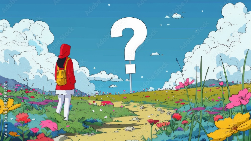 A person standing at the beginning of a path with a giant question mark ...