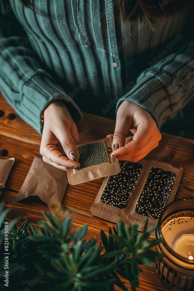 Woman holding seed packet, planning garden layout with anticipation of ...