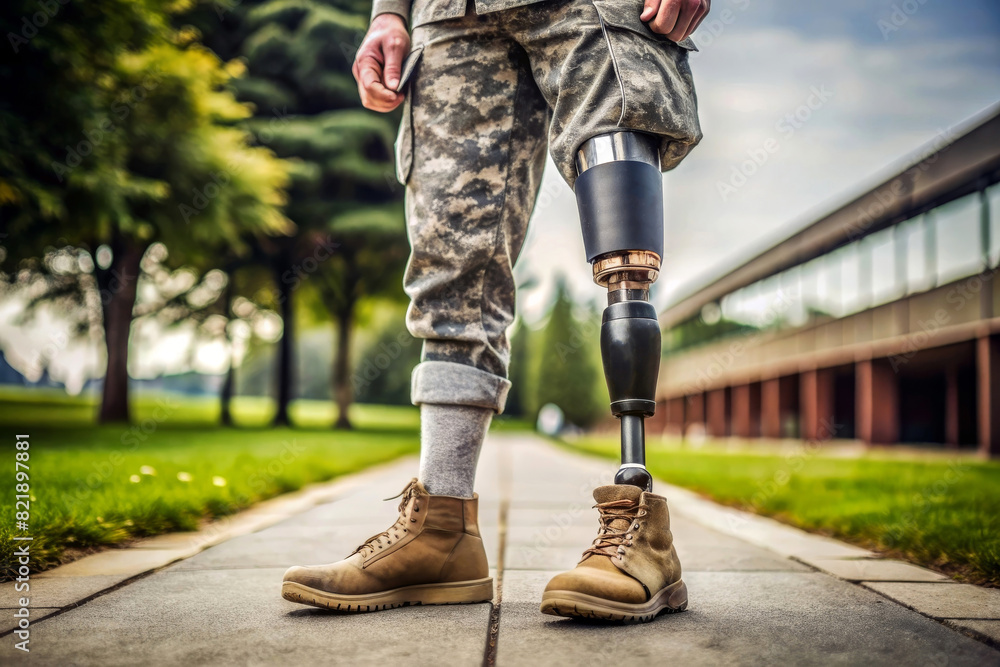 Disabled military man with prosthetic leg. High tech artificial foot ...