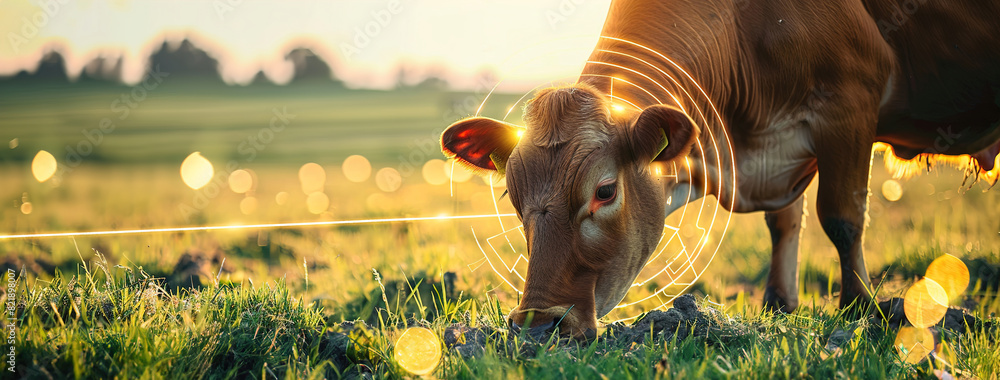 Farmer monitoring livestock with sensor technology, optimizing animal ...
