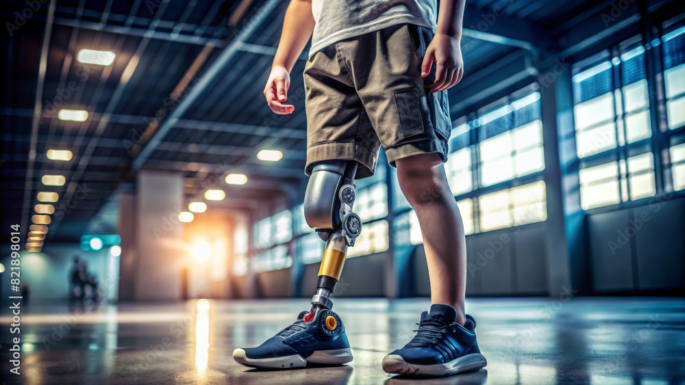 Disabled boy with prosthetic limb. High tech bionic prosthetic leg ...