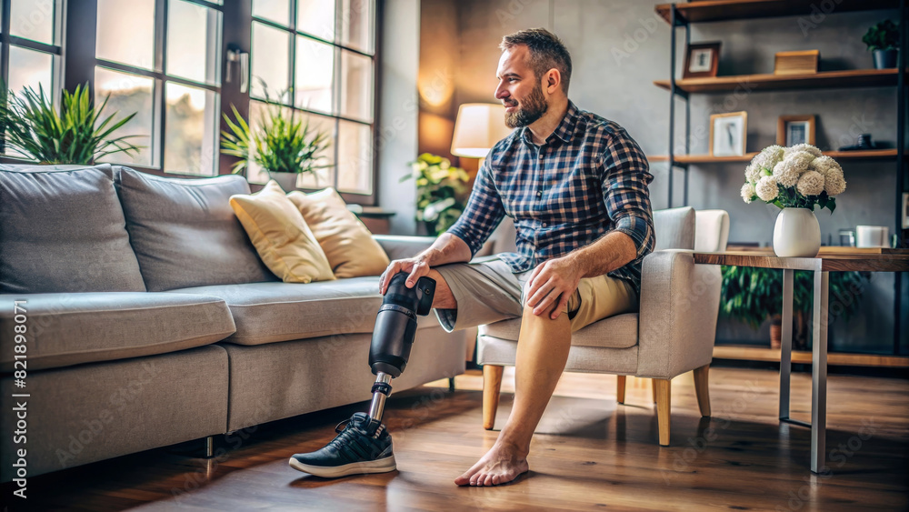 Disabled young man with prosthetic leg at home. High tech artificial ...
