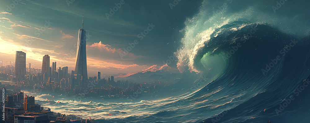 Huge tsunami wave destroying modern city. Great earthquake. Effect of ...