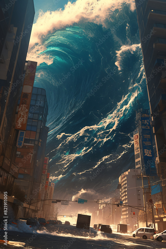 Huge tsunami wave destroying modern city. Great earthquake. Effect of ...