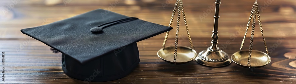 Cap and Scale of Justice A graduation cap next to a scale of justice ...