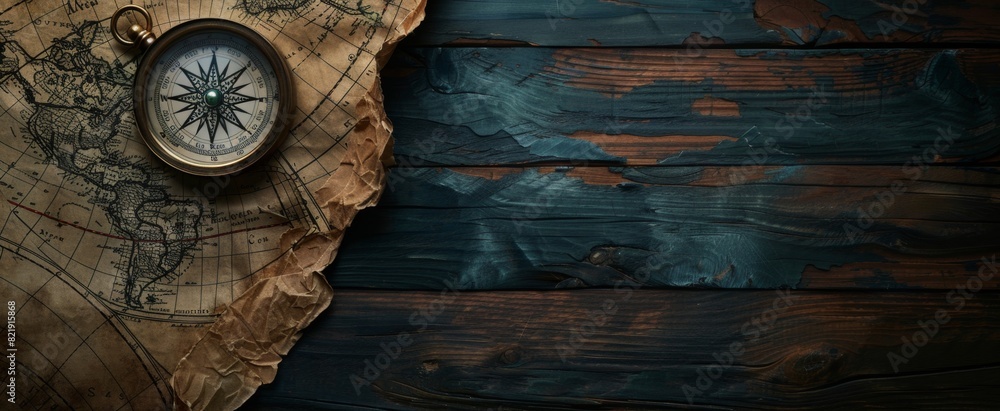 a compass and old maps on a dark wood background, representing ...