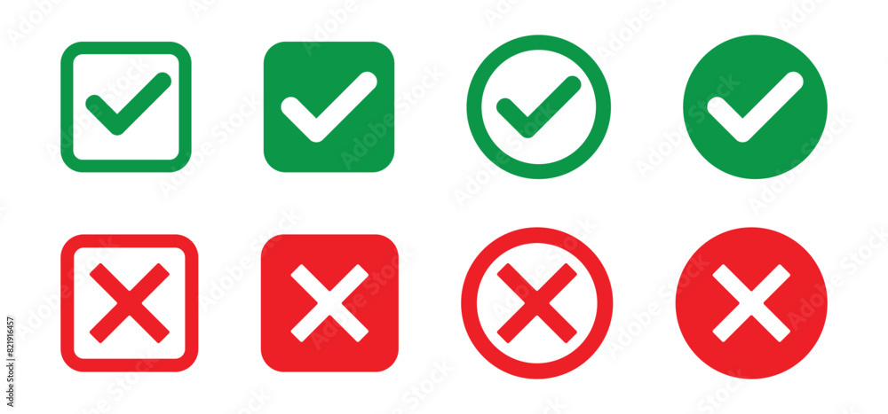 tick and cross button. set of green and red check box with yes and no ...