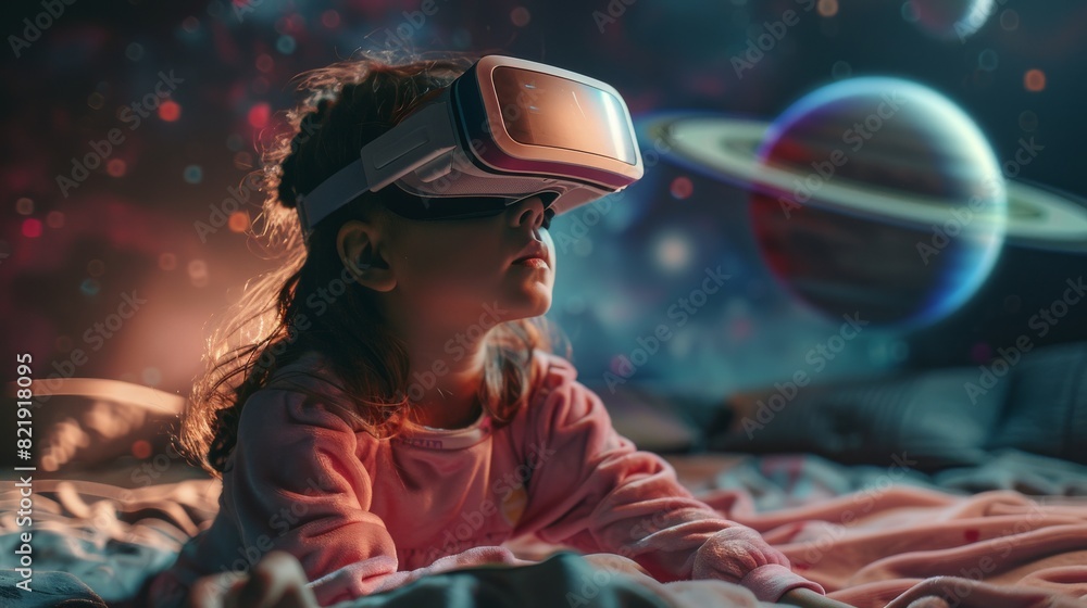 Little girl in pink pajamas learning with VR glasses, surrounded by ...