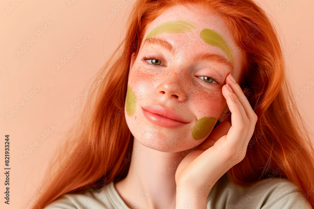 Young woman with red hair and freckles applying green face mask. Studio ...