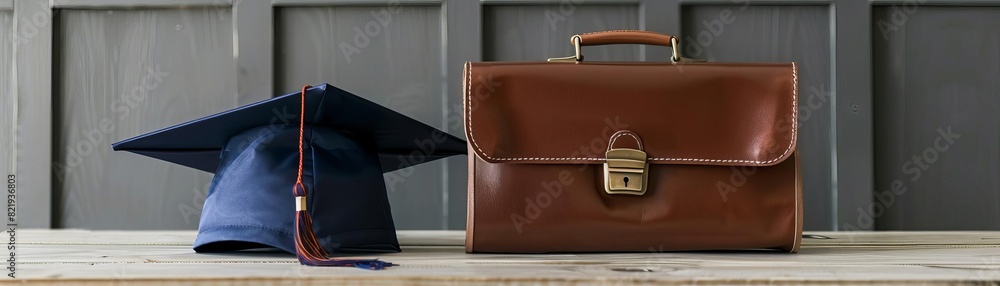 Graduation Cap and Briefcase A graduation cap next to a sleek briefcase ...