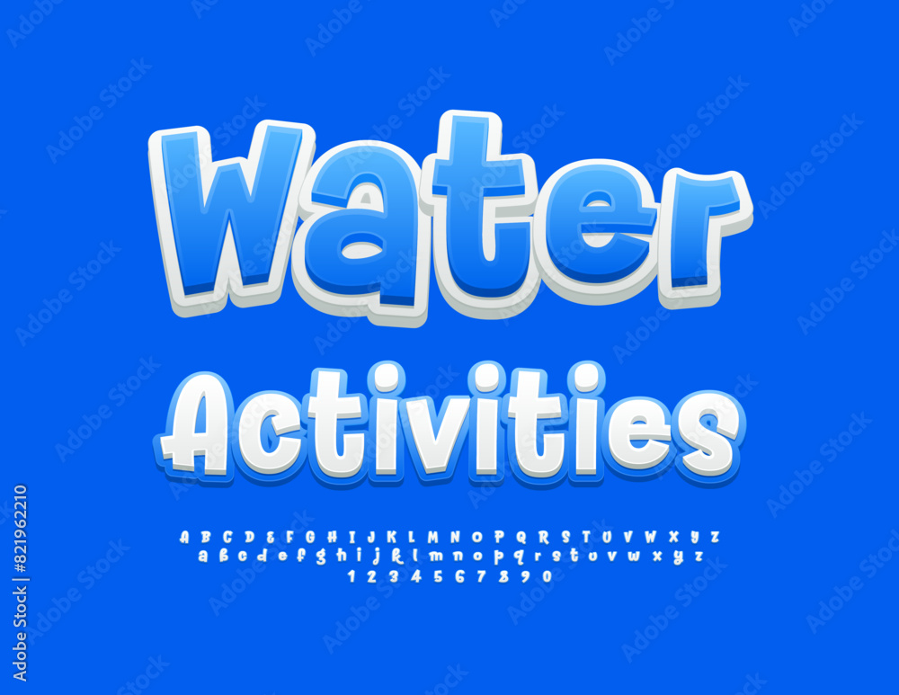 Vector funny emblem Water Activities. Blue and White artistic Font. Creative Alphabet Letters ...