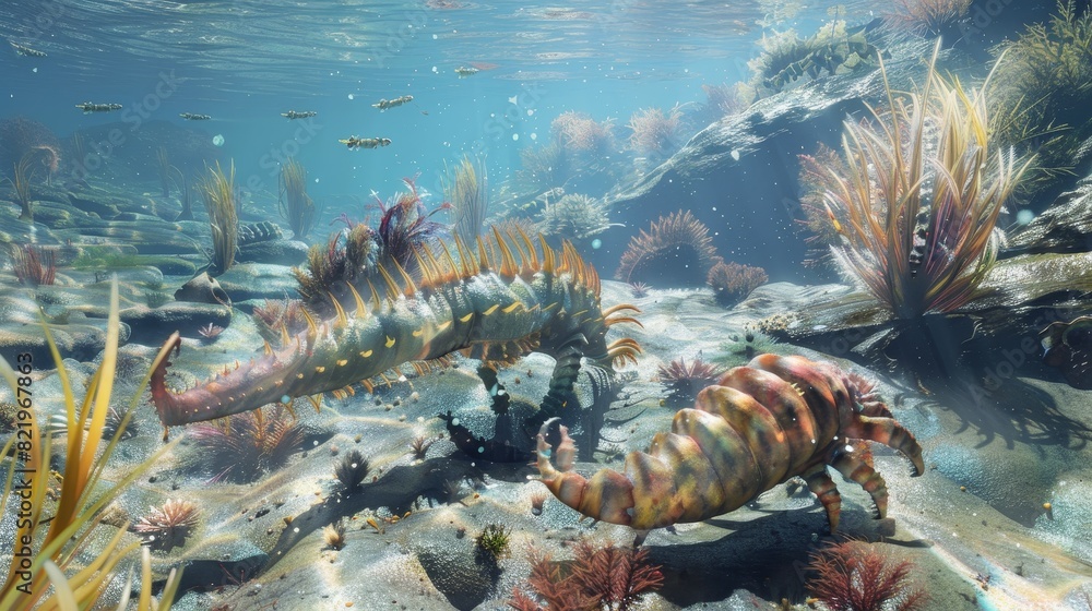 Cambrian period, underwater scene with Anomalocaris, Opabinia ...