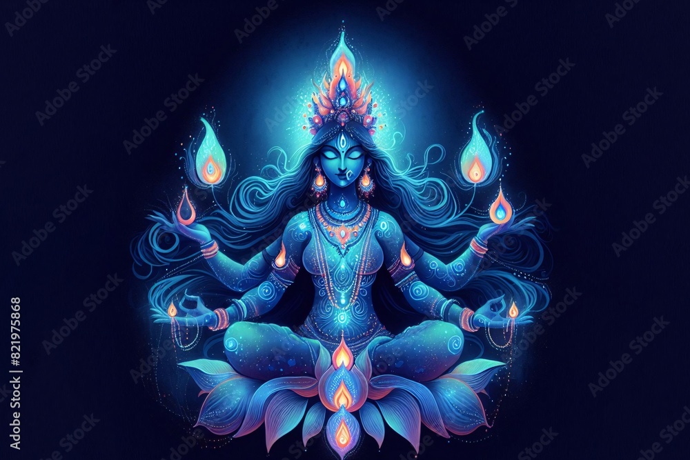 Image Indian goddess Kali Maa in orange and on dark blue colours. The ...