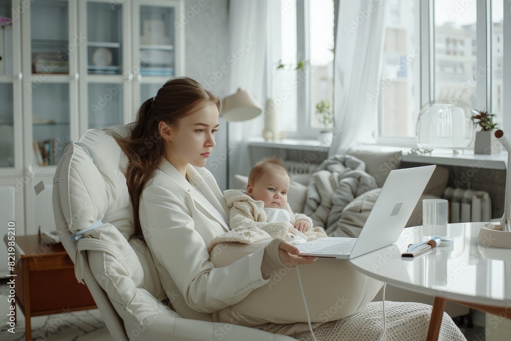 Young freelance mom works at the computer with her newborn baby in her ...