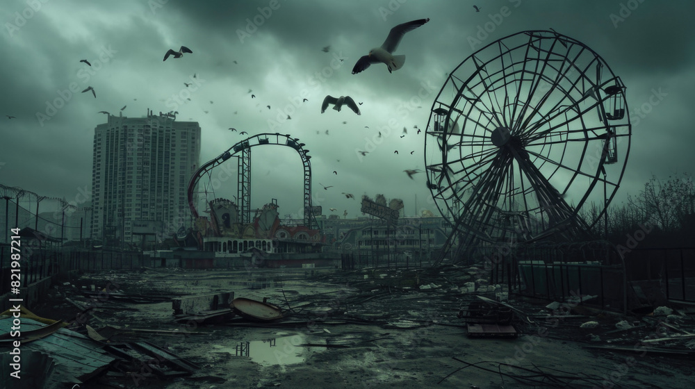 Post apocalyptic background image of desert city wasteland with ...