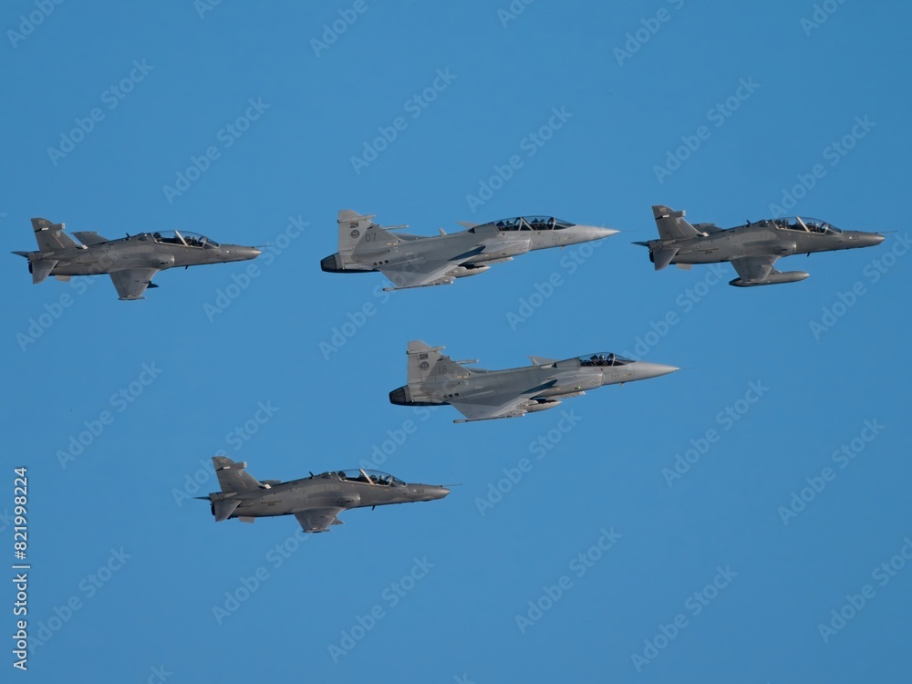 Gripen and Five Saab Gripen BAE Hawk aircraft in flypast Hawk aircraft ...