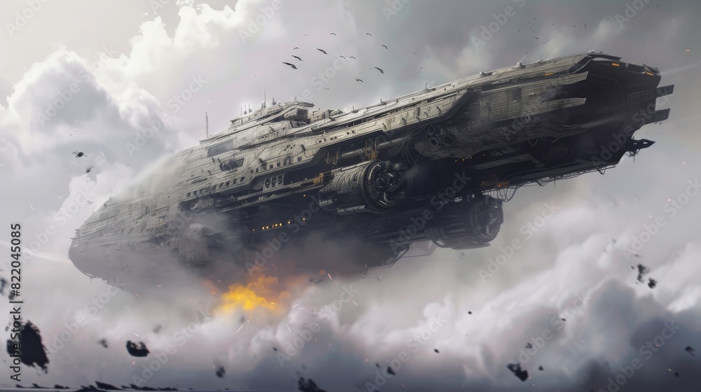 Impressive digital art of a massive flying warship maneuvering through ...